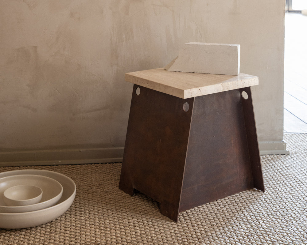 64 Plinth | Corten Steel / Travertine – FRAMA